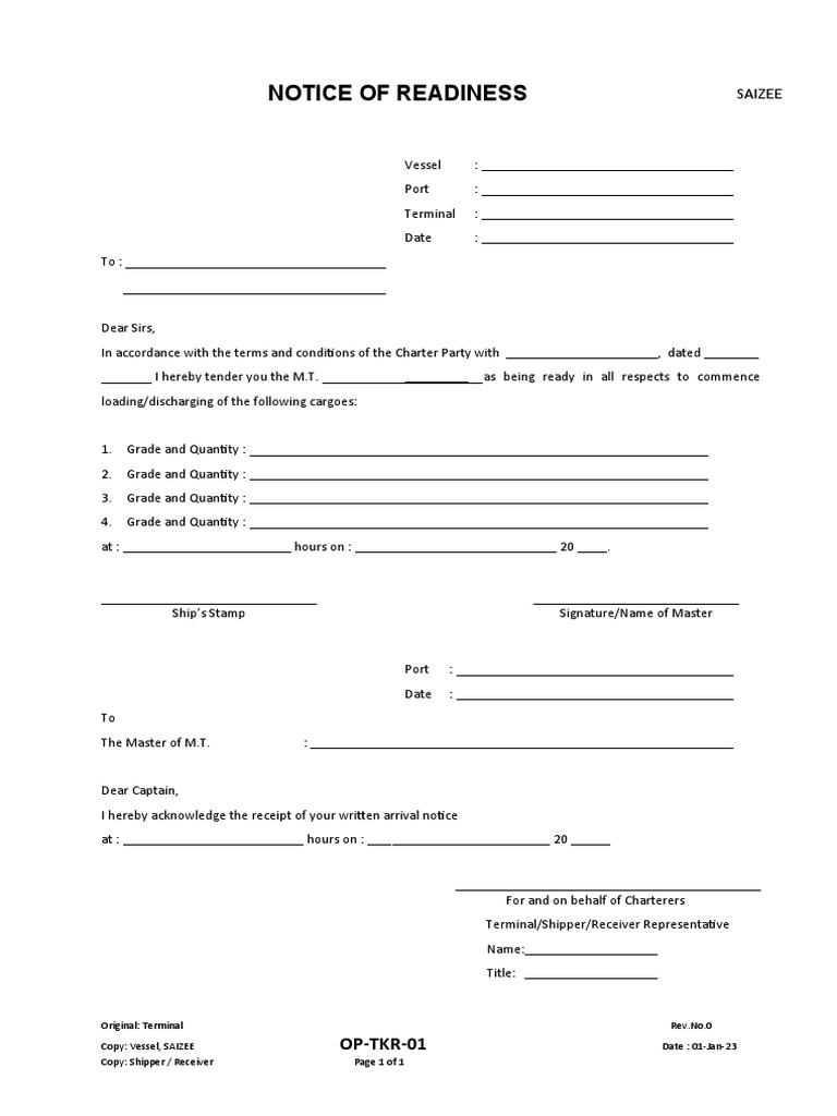 OP-TKR-01 Notice of Readiness | PDF