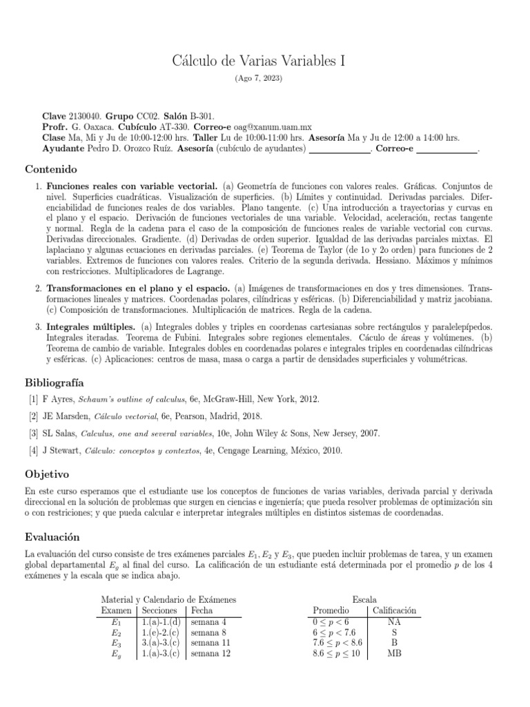 Temario Cálculo de Varias Variables | PDF | Integral | Derivado
