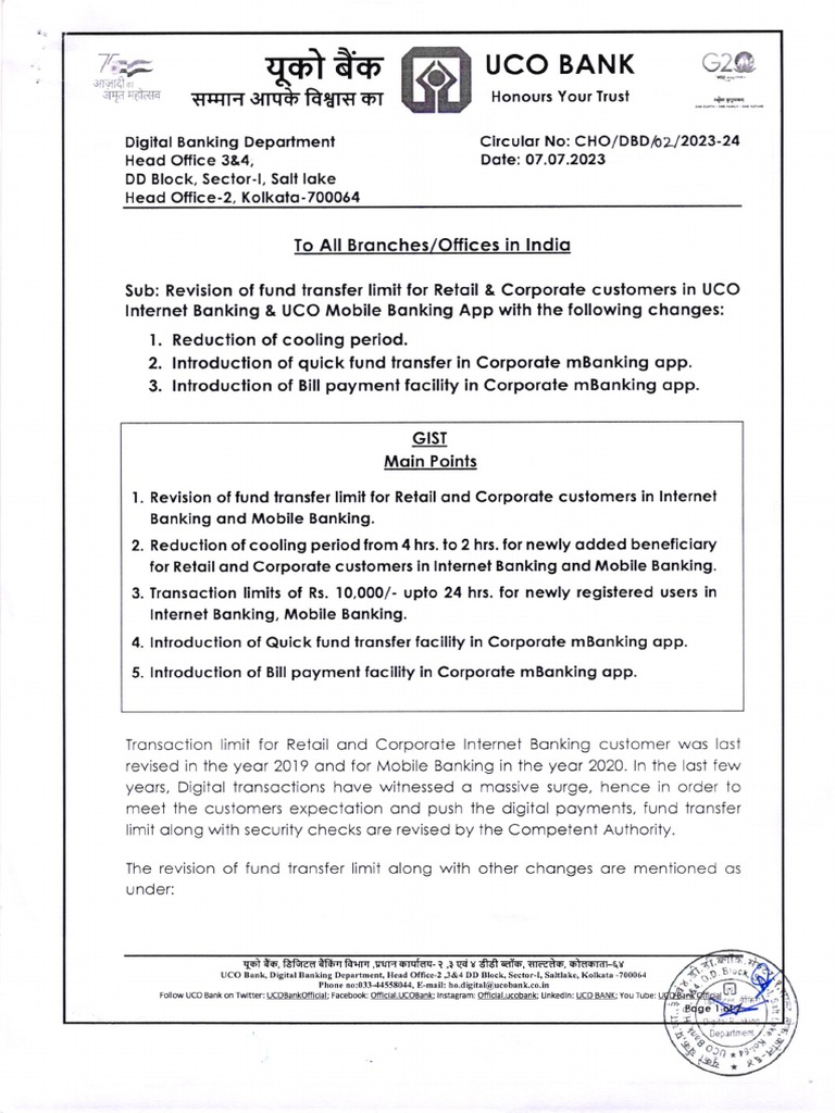 UCO Bank Fund Transfer Limit Updates | PDF | Market (Economics ...