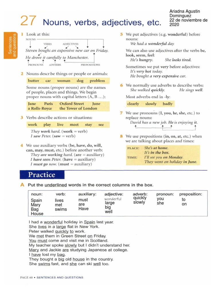 9 Nouns, Verbs & Subject-Verb-Object | PDF