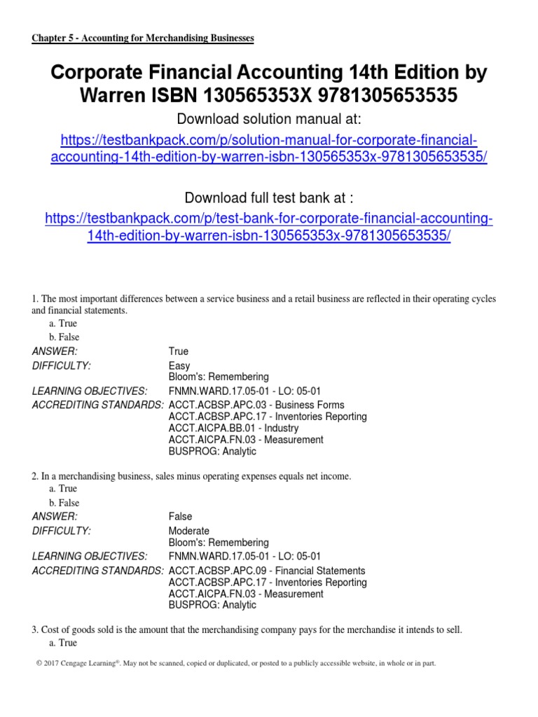 Corporate Financial Accounting 14th Edition Warren Test Bank 1 | PDF
