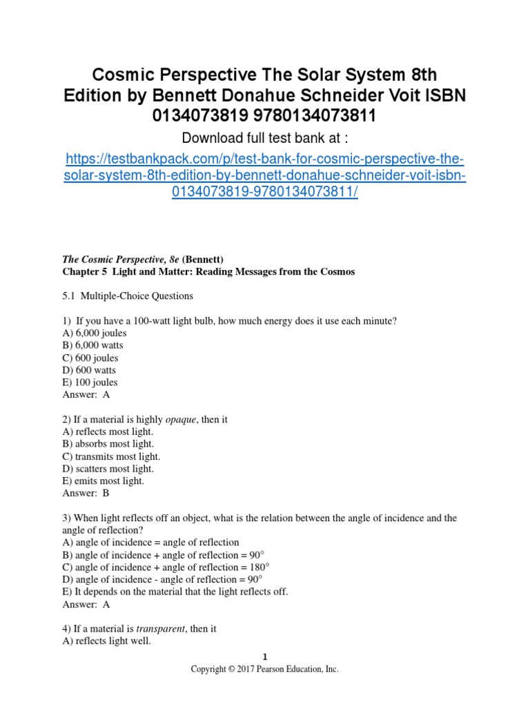 Cosmic Perspective The Solar System 8th Edition Bennett Test Bank 1 ...