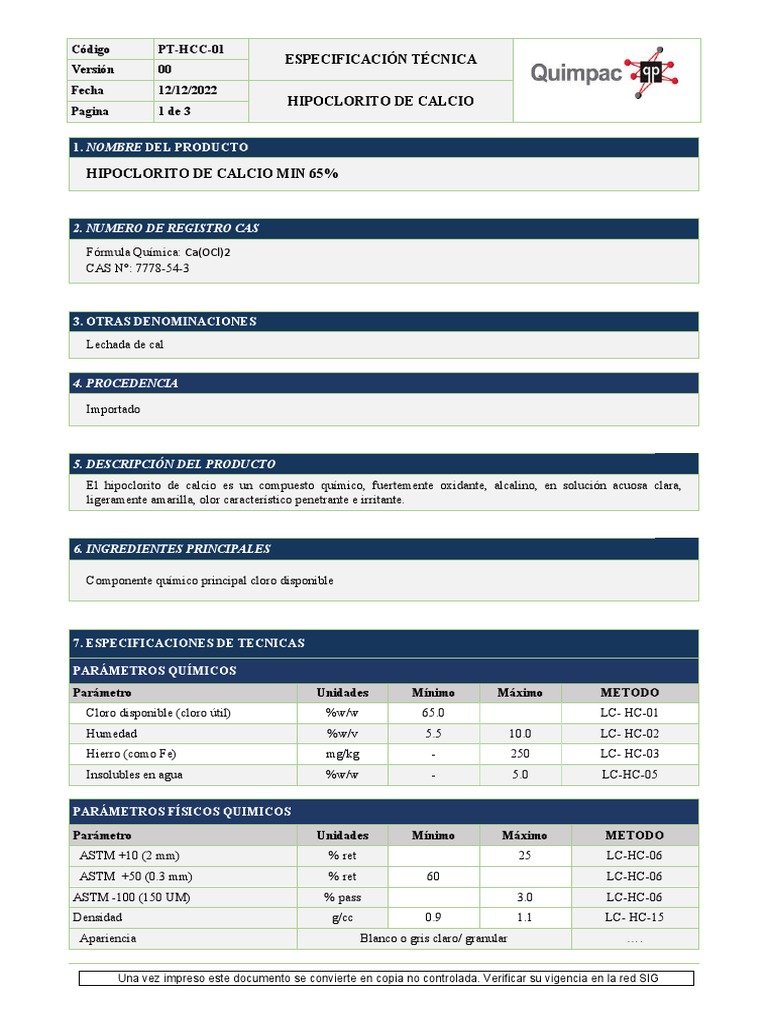 PT-HCC-01 Hipoclorito de Calcio | PDF | Calcio | Química