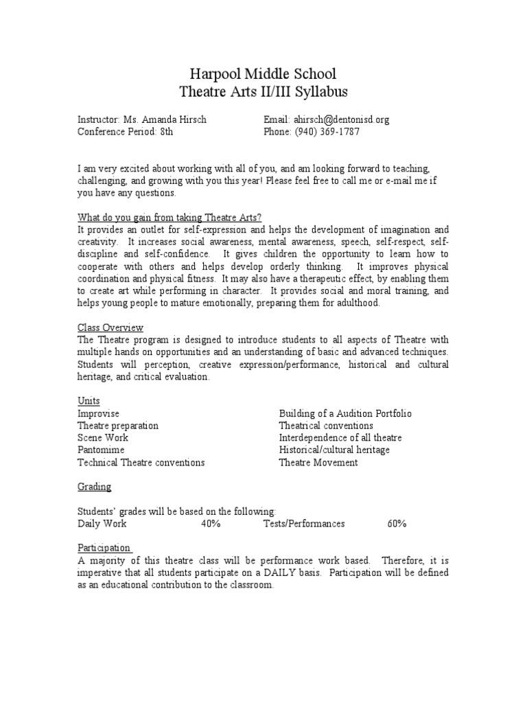 Harpool Middle School Theatre Syllabus | PDF | Self Esteem | Theatre