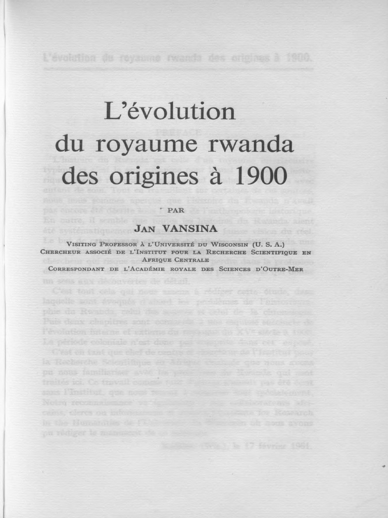 L'Évolution Du Royaume Rwanda Des Origines À 1900 - 1962 | PDF