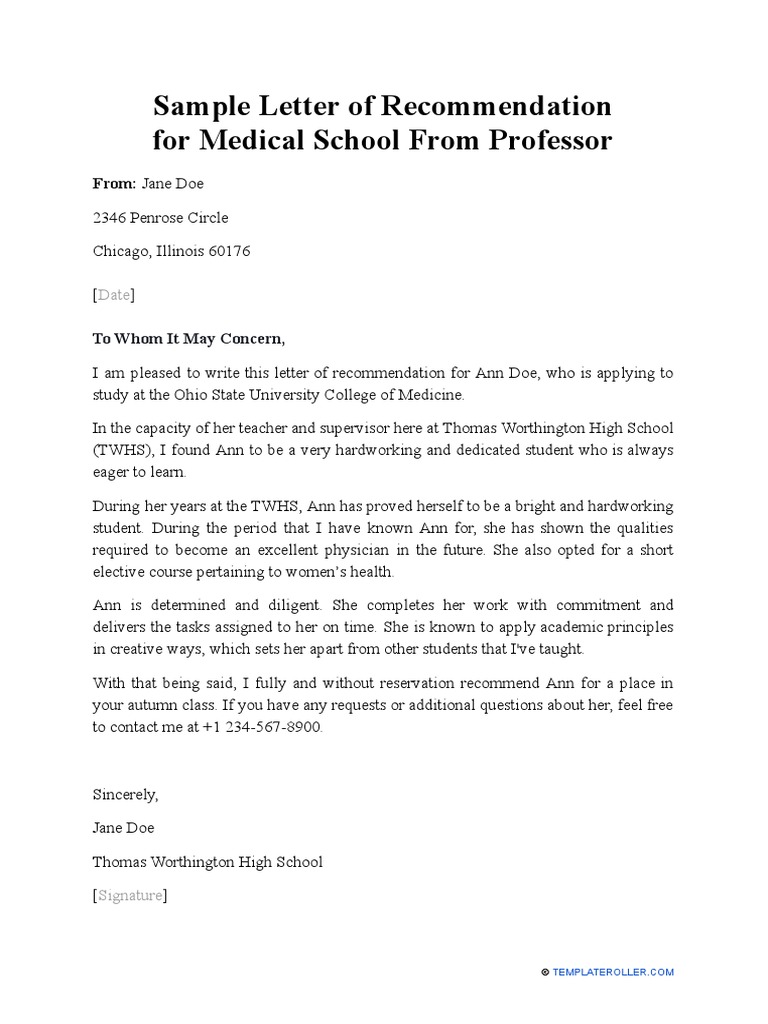 Medical School Recommendation Letter Sample | PDF