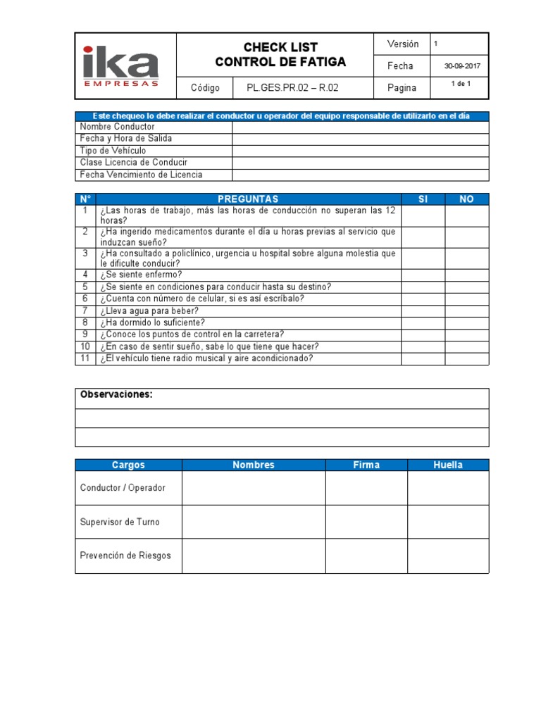 Check List Control de Fatiga | PDF