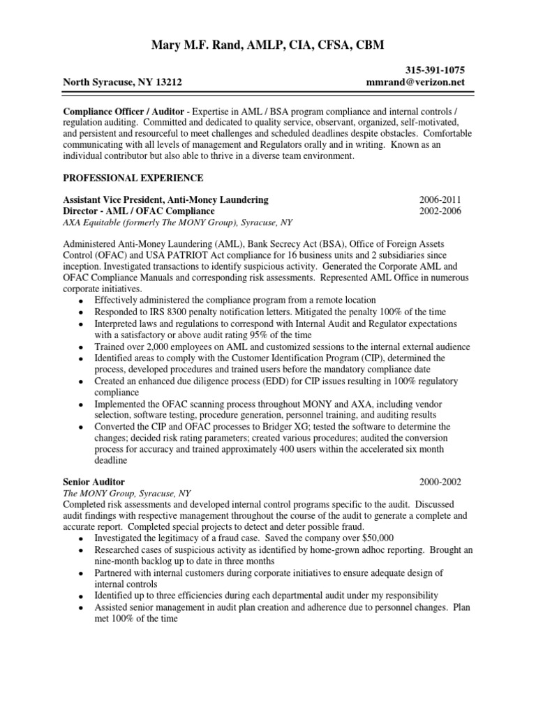 AML BSA Compliance Auditor in Syracuse NY Resume Mary Rand | PDF ...