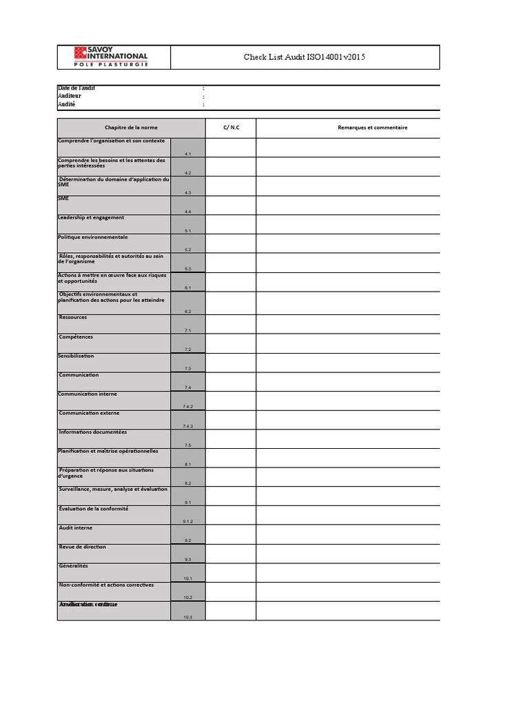 Checklist Audit ISO 14001:2015 | PDF