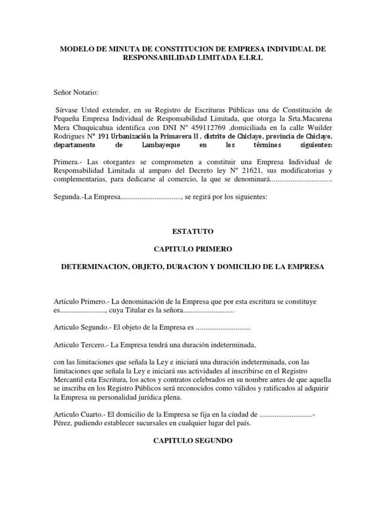 Modelo de Minuta de Constitucion de Empresa Individual de Responsabilidad Limitada e | Compañía ...
