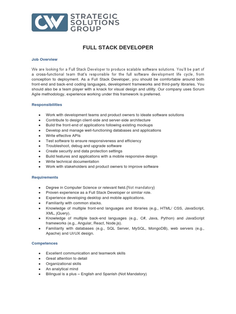 Full Stack Developer Job Description Cwssg Pdf Java Script Software Development 4285