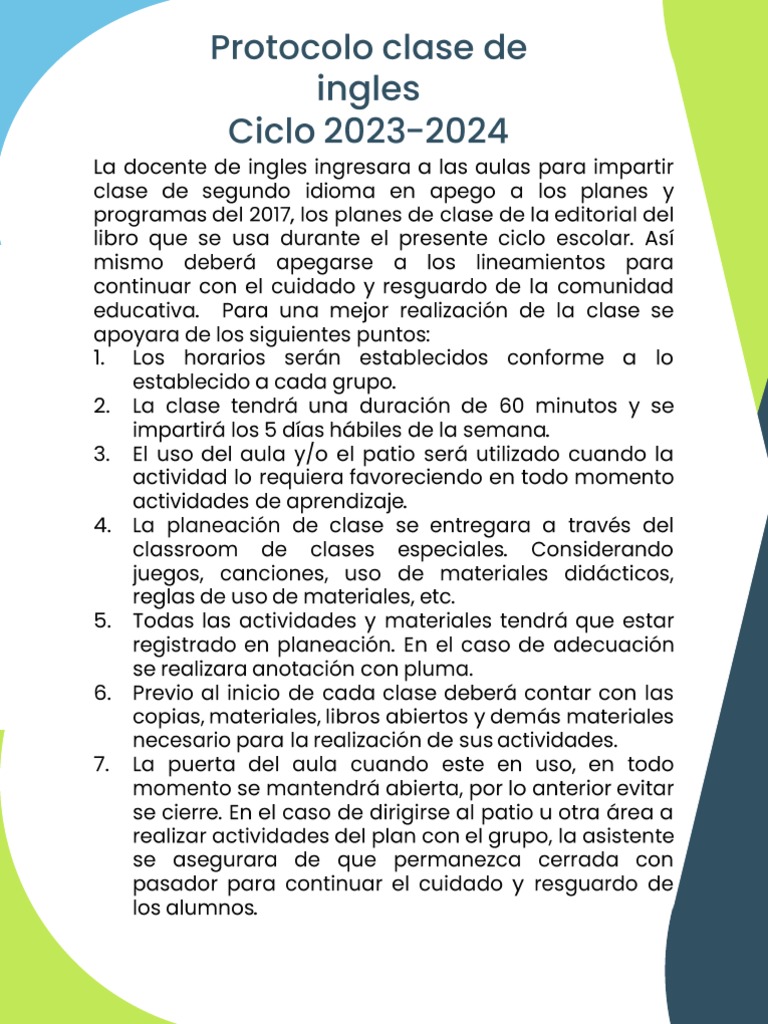 Protocolo Clase de Ingles Preescolar | PDF