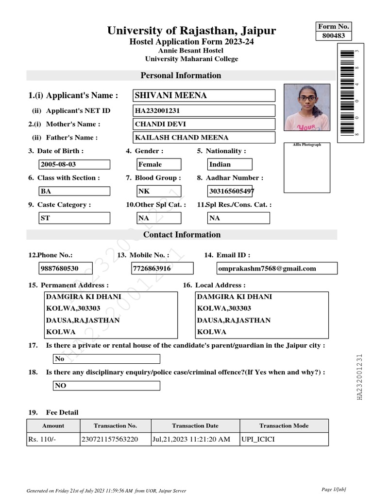 University of Rajasthan, Jaipur: Hostel Application Form 2023-24 | PDF