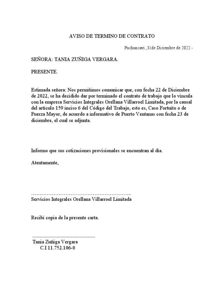 Carta de Aviso de Termino de Contrato | PDF