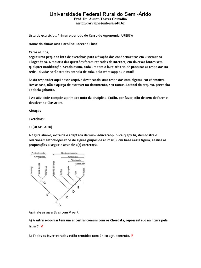 Lista de Exercícios Zoologia Filogenetica | PDF