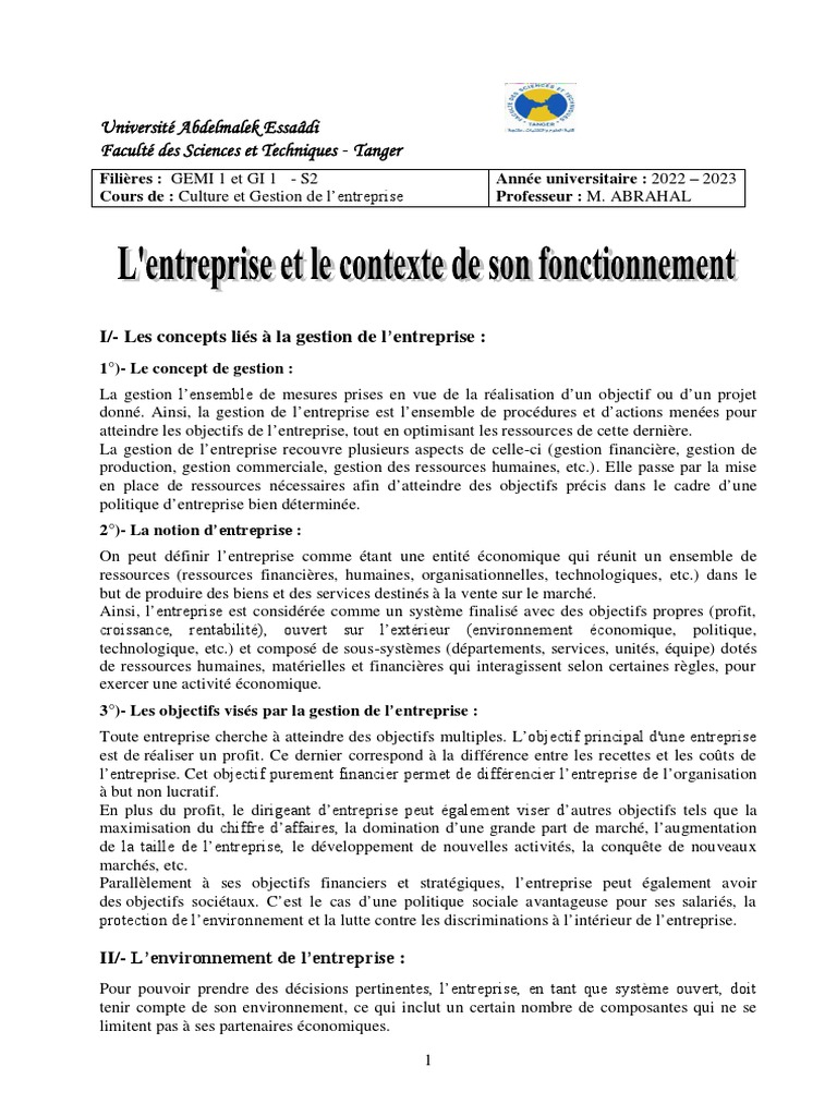 Chapitres 1-2 - Culture Et Gestion de L'entreprise | PDF Chapitres 1-2 - Culture Et Gestion de L'entreprise | PDF