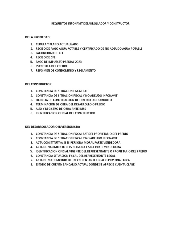 REQUISITOS INFONAVIT DESARROLLADOR Y CONSTRUCTOR | PDF