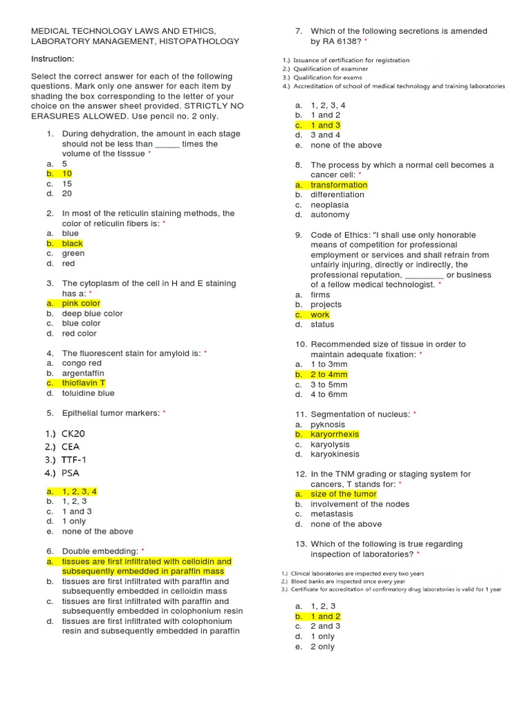 MEDICAL TECHNOLOGY LAWS AND ETHICS LABORATORY MANAGEMENT HISTOPATHOLOGY ...