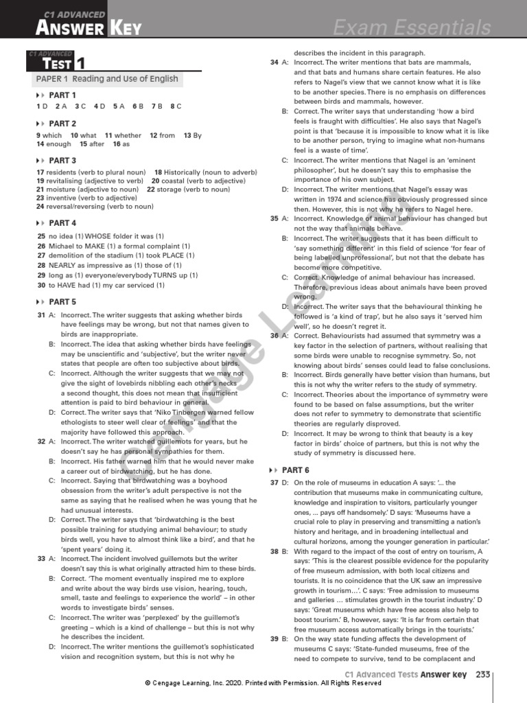 C1 Advanced Tests Answer Key | PDF | Adjective | Verb