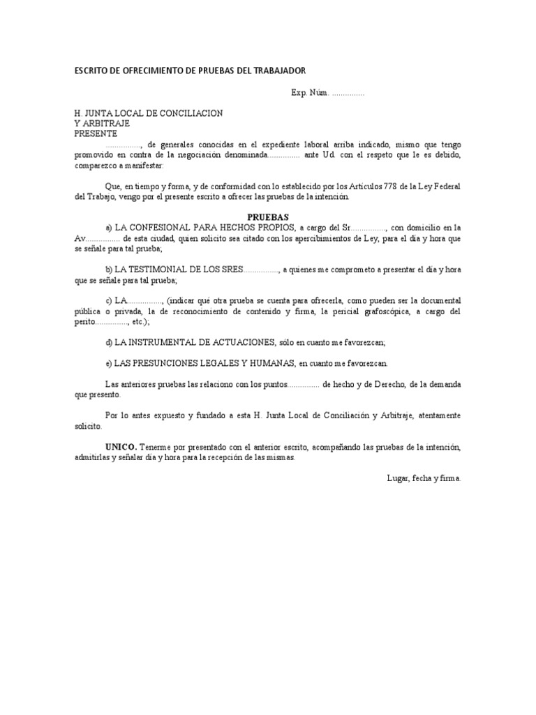 Escrito de Ofrecimiento de Pruebas Del Trabajador | PDF Escrito de Ofrecimiento de Pruebas Del Trabajador | PDF
