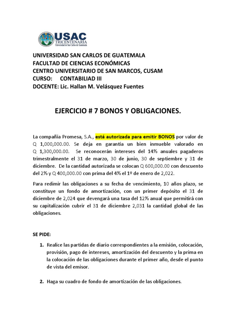 Ejercicio # 7 Bonos y Obligaciones | PDF | Interés | Bonos (Finanzas)