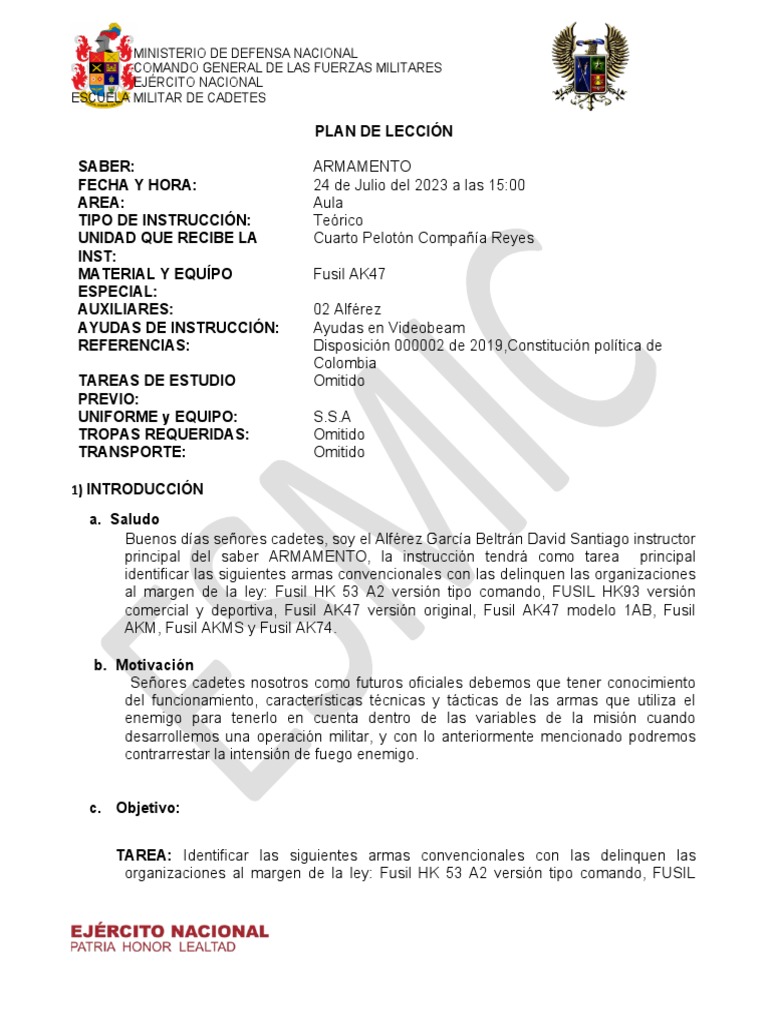 Formato Plan de Lección #1 Morales | Descargar gratis PDF | Rifle | Militar