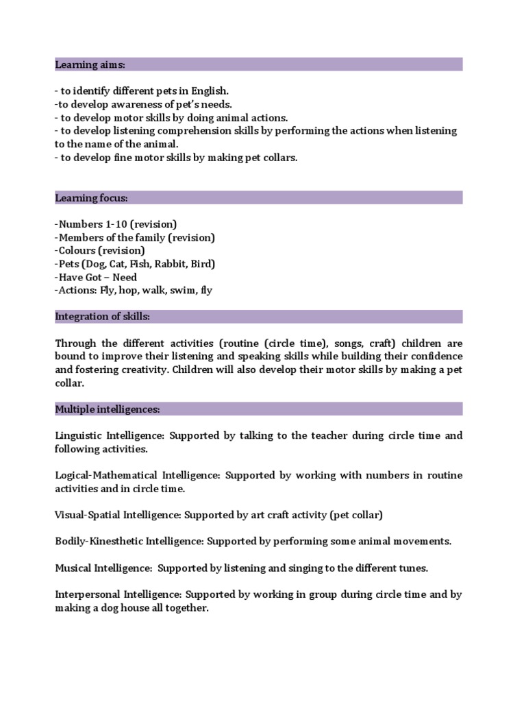 Lesson Plan Pets | PDF | Pet