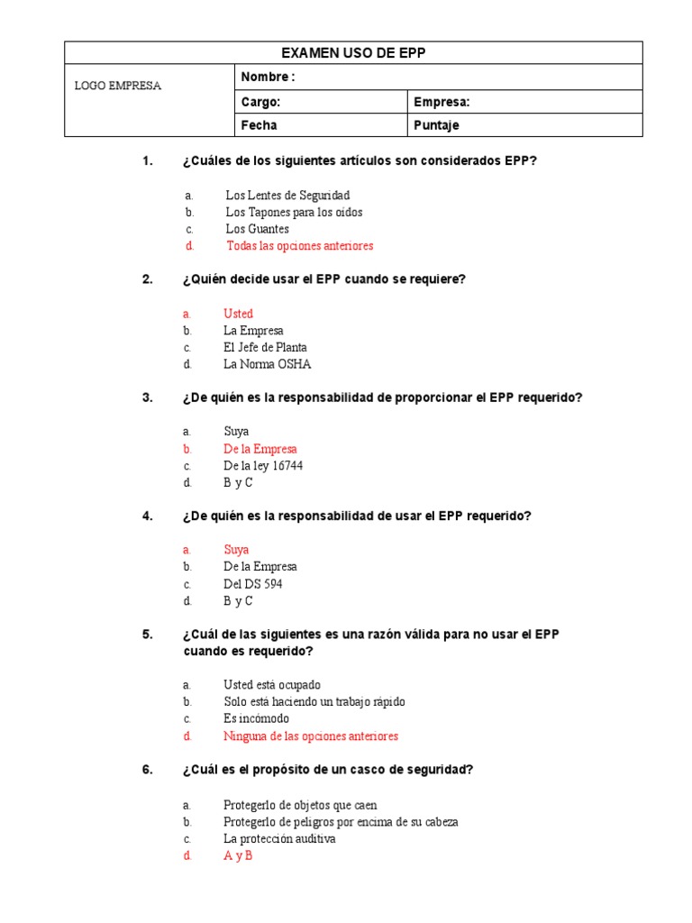 Examen Prueba Test Uso Correcto de Elemntos de Proteccion Personal Epp ...
