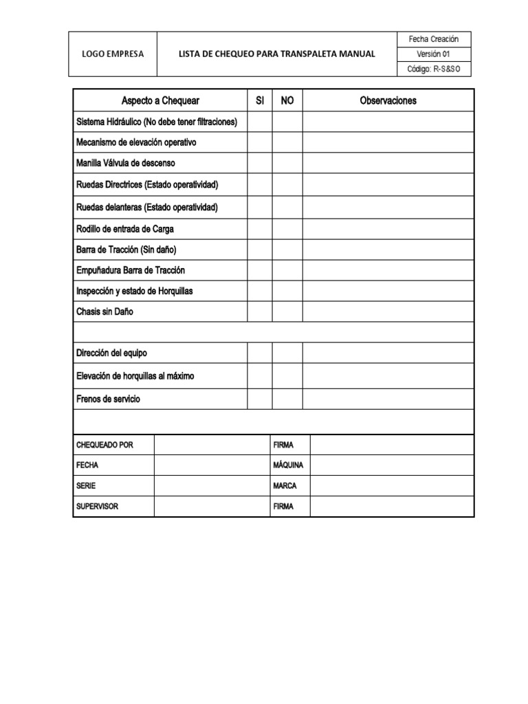 CHECK LIST Lista Chequeo Transpaleta Manual | PDF