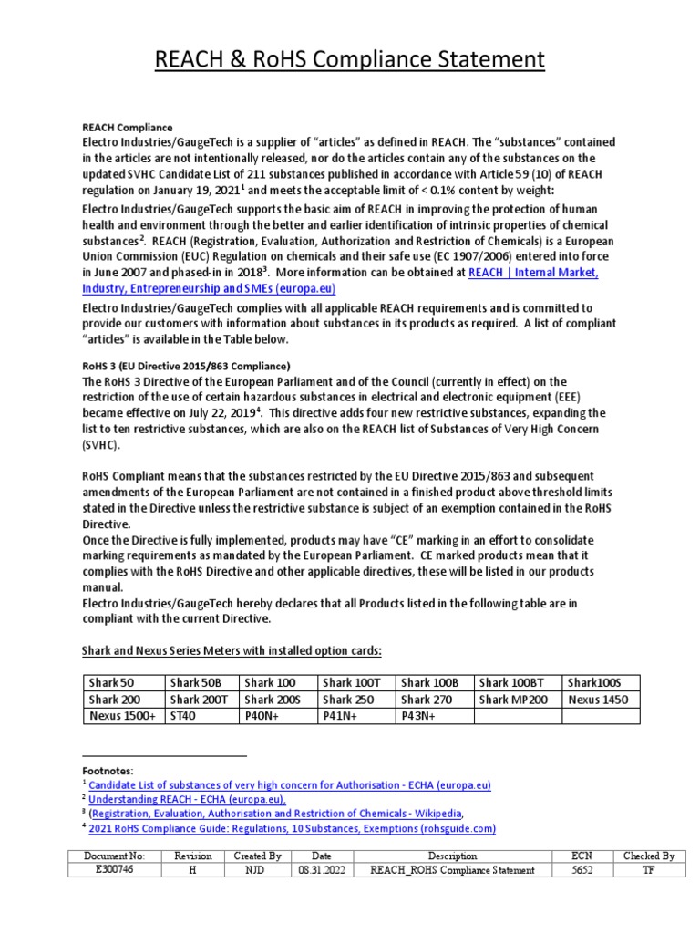 Electro Industries REACH and ROHS Power Meter - Compliance Statement - E300746 | PDF | European ...