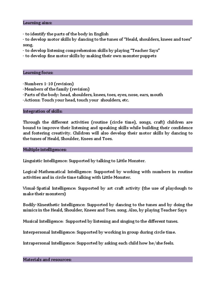 Lesson Plan Body | PDF | Cognition | Learning