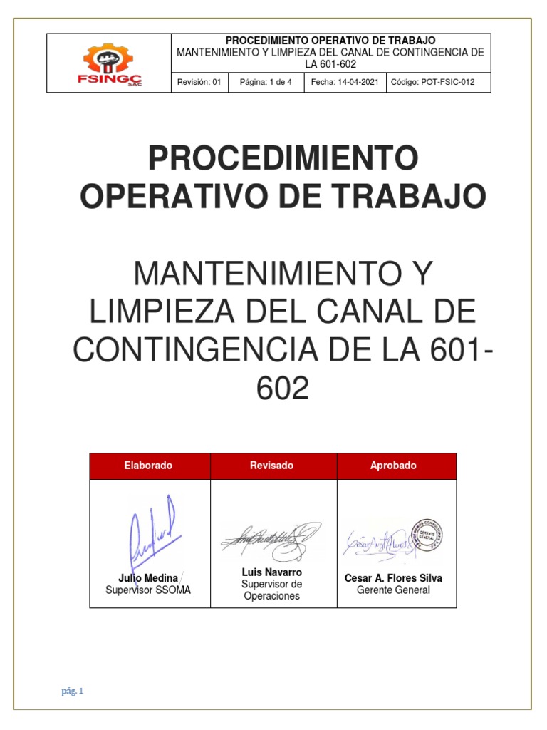 Procedimiento Operativo Mantenimiento y Limpieza Del Canal de Contingencia 601-602 | PDF