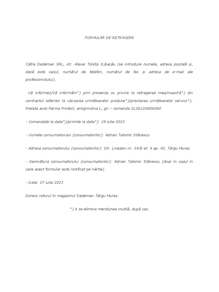 Formular de Retragere Dedeman | PDF