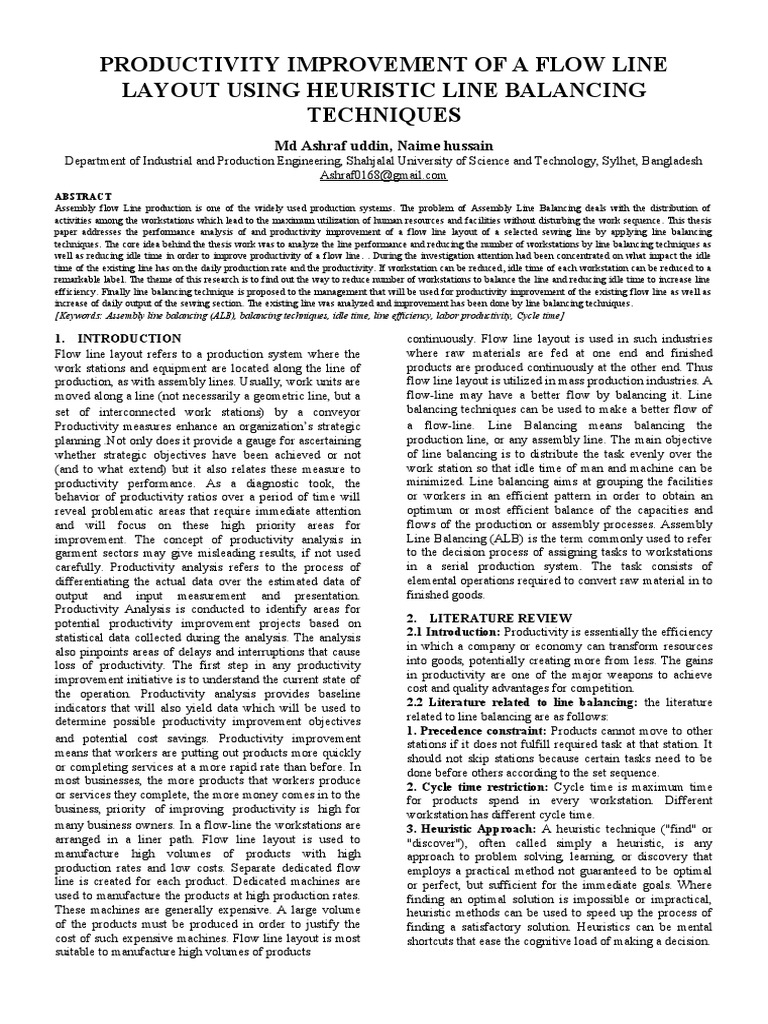 Productivity Improvement of A Flow Line Layout Using Line Balancing Techniques | PDF ...