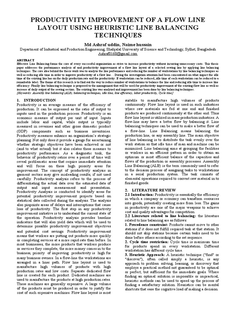 Productivity improvement through line balancing | PDF