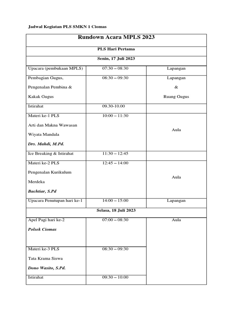 Jadwal Kegiatan PLS SMKN 1 Ciomas | PDF