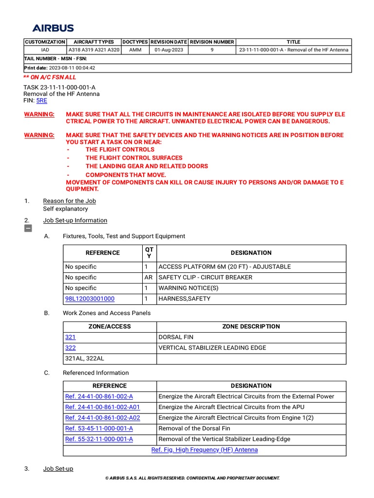 AMM - 01-Aug-2023 - 23-11-11-000-001-A - Removal of The HF Antenna | PDF