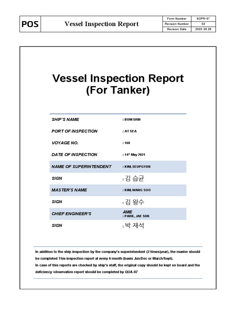 SOPR-07 Vessel Inspection Report (Tanker) (REV-02) 검사용 (범신) | Download ...