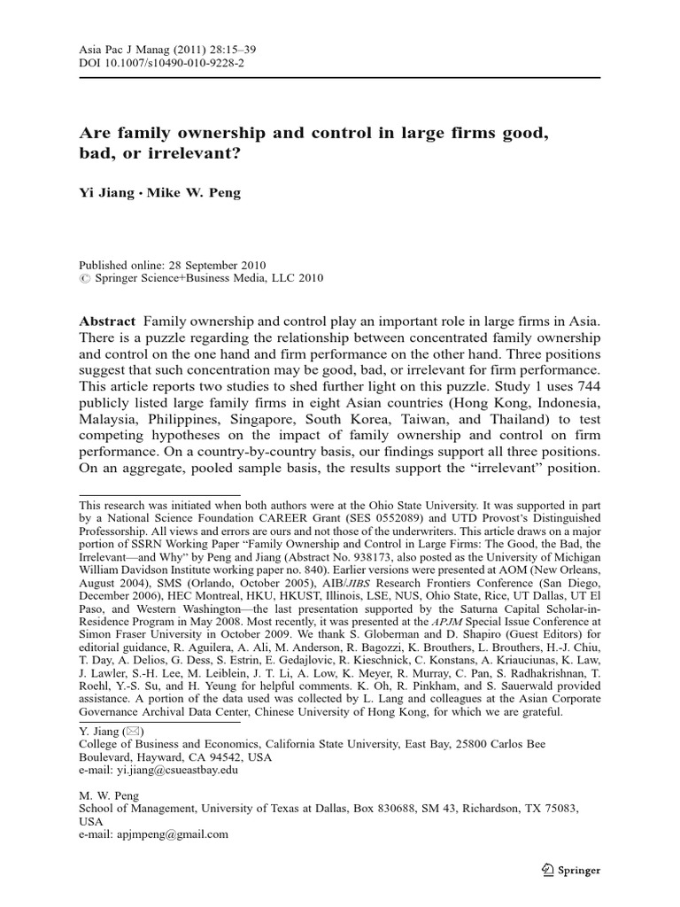 Jiang, Y., & Peng, M. W. (2011) - Are Family Ownership and Control in ...