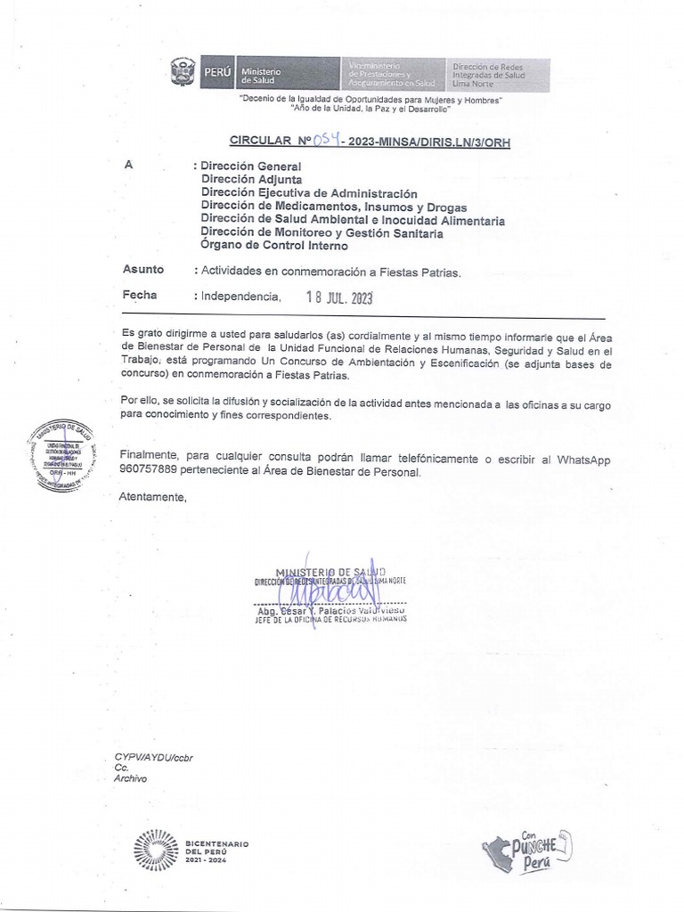 054 CIRCULAR - Actividades en Conmemoracion de Fiestas Patrias SEDE | PDF