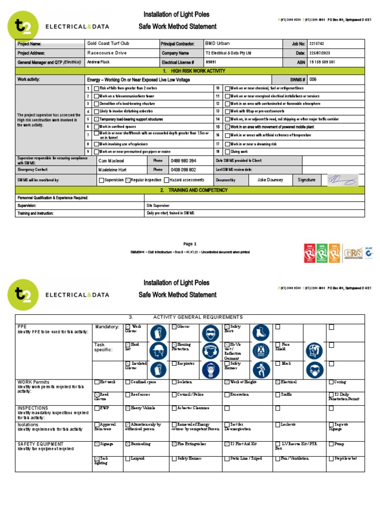 SWMS - 006 - Installation of Light Poles - GCTC | PDF