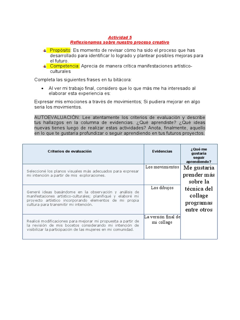 E4-ACT.5-2DO Reflexionamos Sobre Nuestro Proceso Creativo | PDF | Evaluación