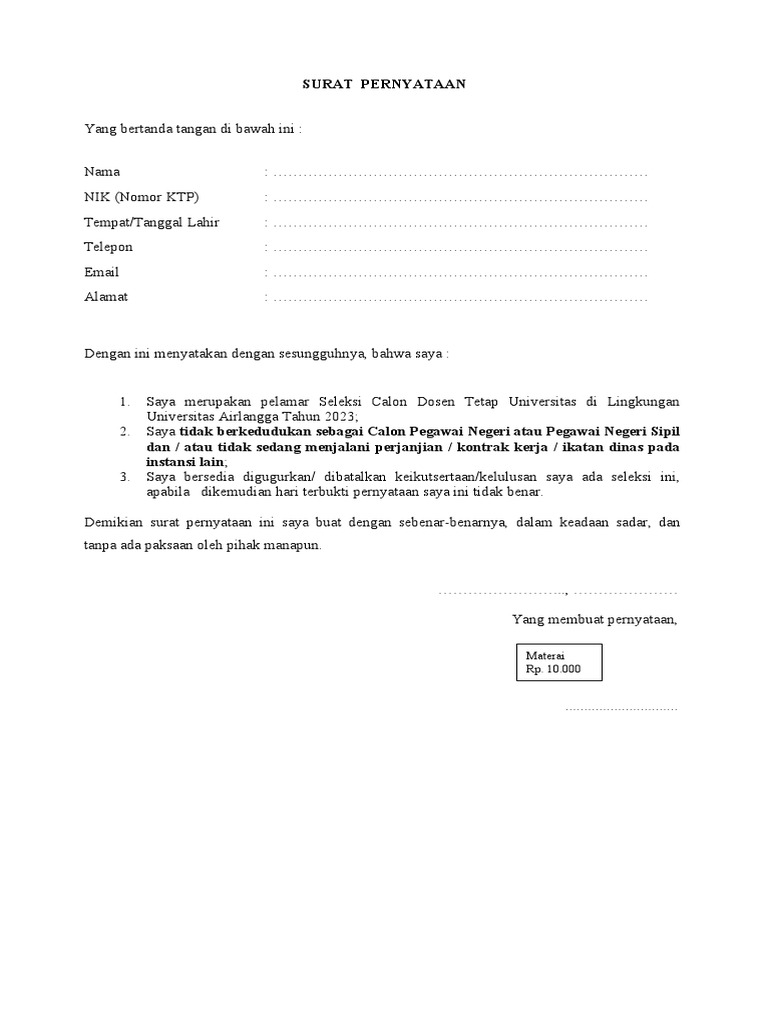 Form I Surat Pernyataan Tidak Dalam Ikatan Dinas Pdf