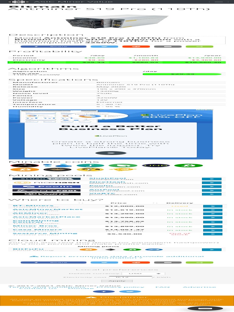 Bitmain Antminer S19 Pro (110Th) Profitability ASIC Miner Value | PDF ...