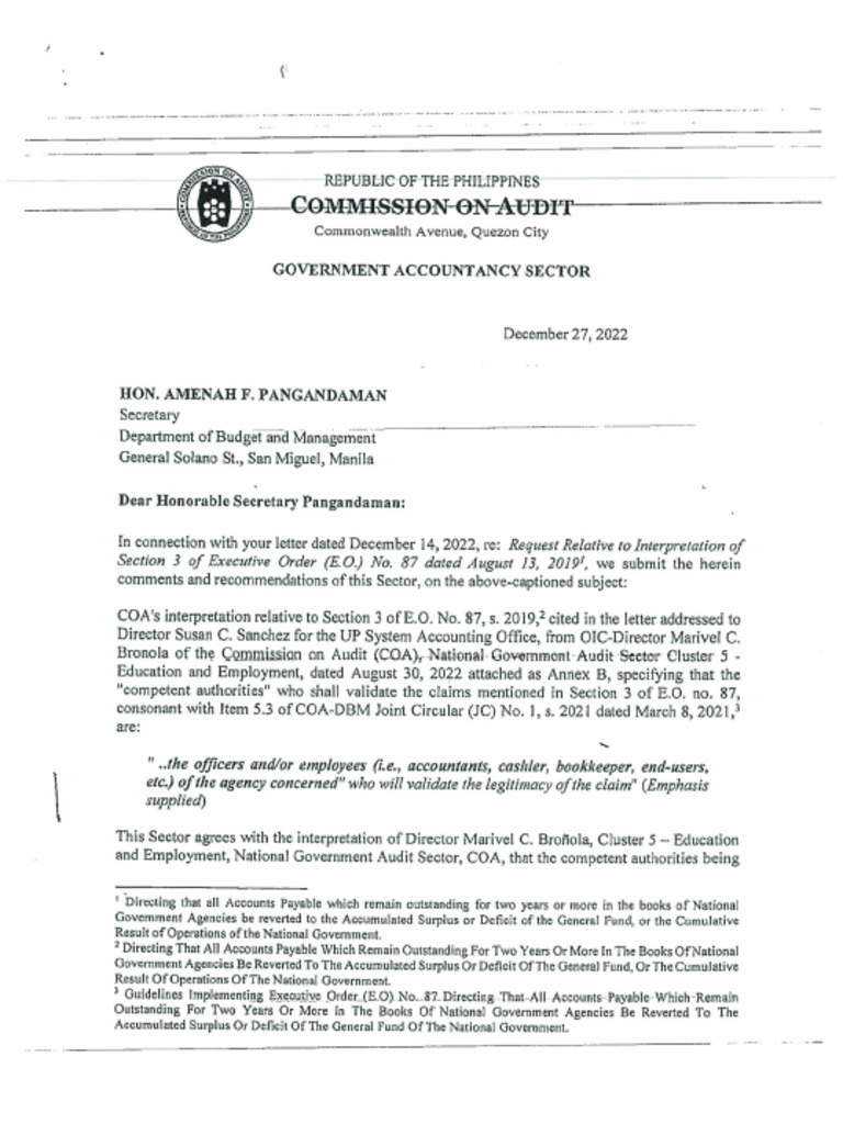 COA Letter Dated Dec. 27, 2022-Competent Authority - EO No 87s.2019 | PDF