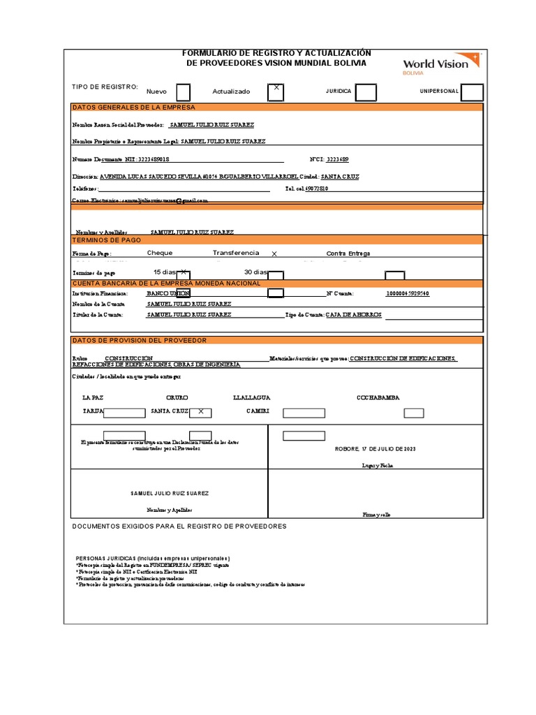 Formulario de Registro y Actualizacion de Proveedores Vision Mundial Bolivia | PDF ...