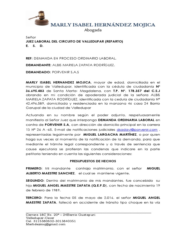 'DEMANDA LABORAL PORVENIR' Pensión de Sobreviviente | PDF | Pensión | Justicia