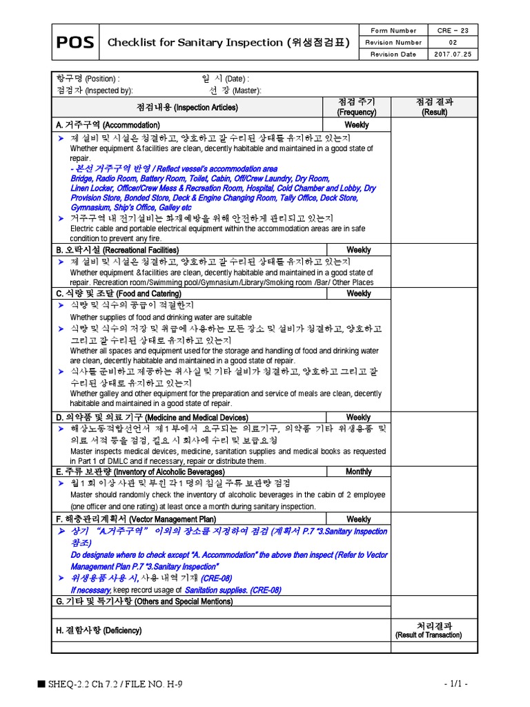 CRE-23 Checklist for Sanitary Inspection (위생점검표) | PDF