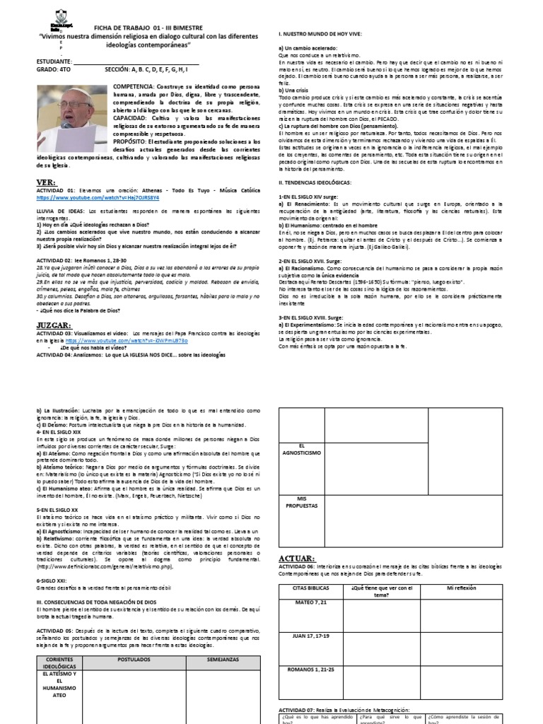 Ficha de Act 01 - Iii Bim 4to Sec. Rel | PDF | Verdad | Ateísmo