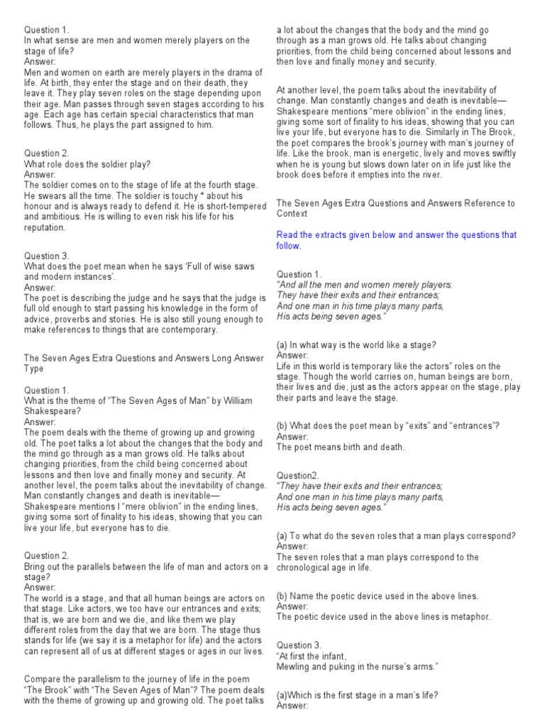 Seven Stages of A Man Questions | PDF